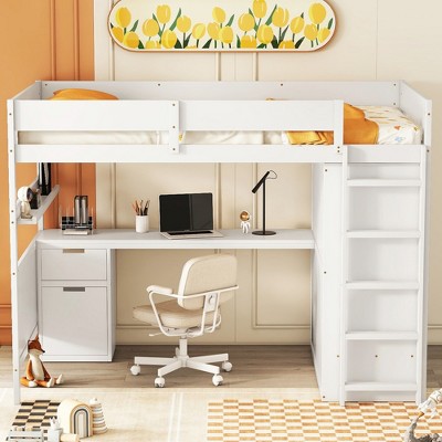 Full Size Wooden Loft Bed With Wardrobe, Desk, Drawers And Storage Shelves 4q - Modernluxe : Target