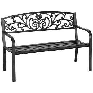 50-Inch Metal Outdoor Bench with Floral Pattern Backrest and Slatted ...