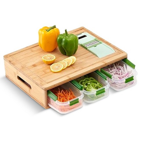 Cheer Collection Multifunctional Bamboo Cutting Board With 3 Leakproof Stackable Containers And ...