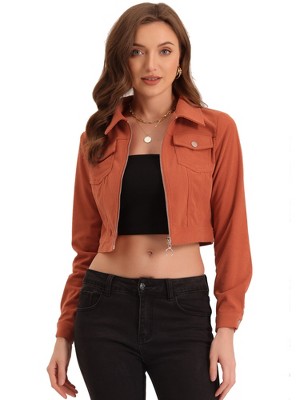 Allegra K Women's Point Collar Zip Up Casual Cropped Corduroy Jackets ...