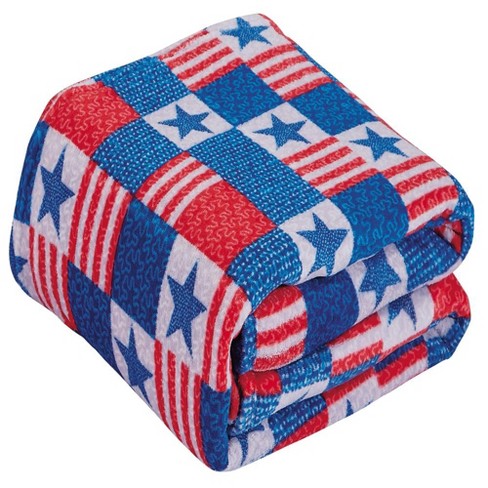 Plazatex Patriotic Patchwork Micro Plush Decorative All Season Blue ...