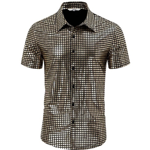 Mens Button Down Disco Shirt Metallic Sequins Shiny Short Sleeve Party Shirts Nightclub Costume ...