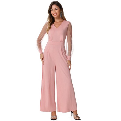 Allegra K Women's Elegant V Neck Mesh Long Sleeve Loose Wide Leg Party ...