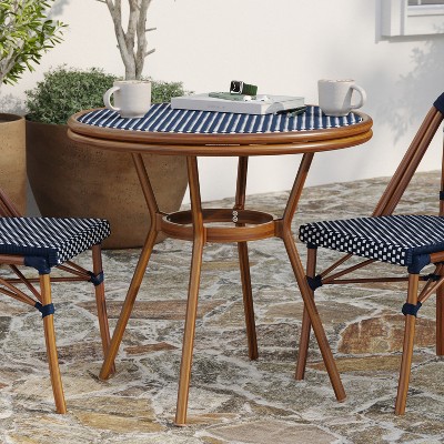 Merrick Lane Celia Bistro Style Table with Tempered Glass Top Navy White PE Rattan and Bamboo Finished Metal Frame for Indoor Outdoor Use