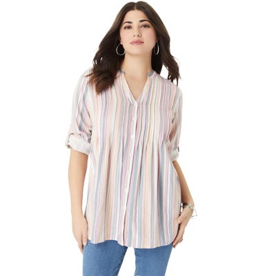 Roaman's Women's Plus Size Pleated Stripe Big Shirt - 20 W, Multi ...