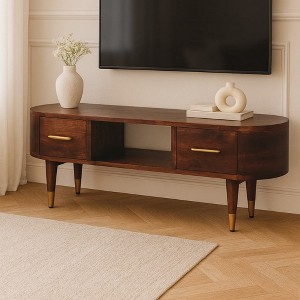 GDFStudio Lynett Solid Wood TV Stand with Two Drawers Open Shelf and ...