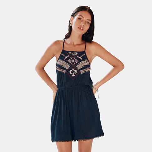 Women's Embroidered Square Neck Wide Leg Romper - Cupshe-s-blue : Target