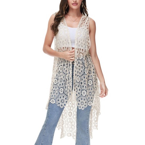 Anna-kaci Women's Boho Crochet Long Vest Top Sleeveless Lace Cardigan ...