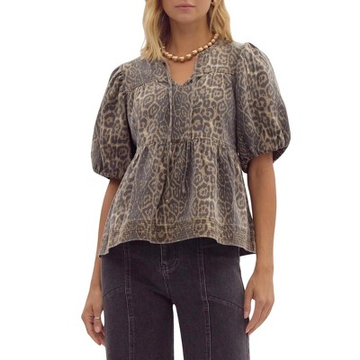 Women's Leopard Denim Puff Sleeve Top - Entro S : Target