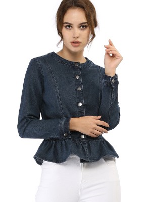Allegra K Women's Peplum Collarless Round Neck Button Down Cropped ...