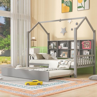 Wooden Platform House Bed With Trundle And Shelf-modernluxe : Target