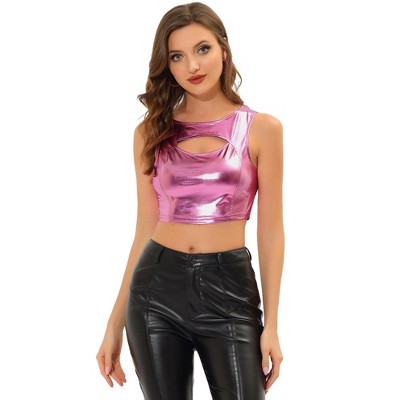 Allegra K Women's Keyhole Metallic Short Sleeve Party Shiny Holographic ...