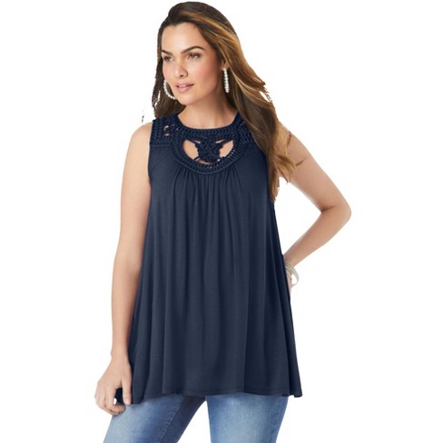 Roaman's Women's Plus Size Crochet Ultra Femme Tank, 30/32 - Navy : Target
