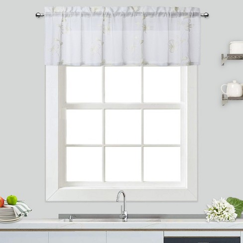 Floral Embroidered Voile Sheer Short Kitchen Curtains for Small Windows Bathroom