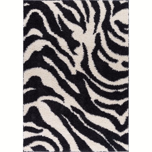 Modern Animal Print 3x5 (3'3" X 5'3") Area Rug Shag Zebra Black & Ivory ...
