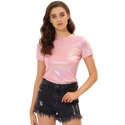 Allegra K Women's Party Metallic Short Sleeve Textured Shiny T-shirts ...