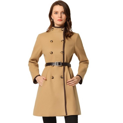 Allegra K Women's Stand Collar Slant Pockets Winter Belted Long ...