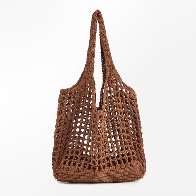 Women's Handcrafted Coffee Brown Crochet Mesh Tote Bag - Cupshe : Target