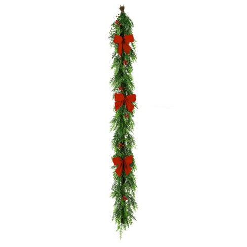 6' Unlit Feel Real Evergreen Garland With Red Bows & Berries - National ...