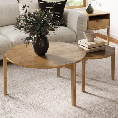 Nathan James 2pc Kendall Wood Round Nesting Coffee Table Set Brushed Light Brown: Veneer Surface ...
