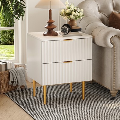 Modern Fluted Nightstand with 2 Drawers, Gold Metal Legs, White MDF, 1 ...