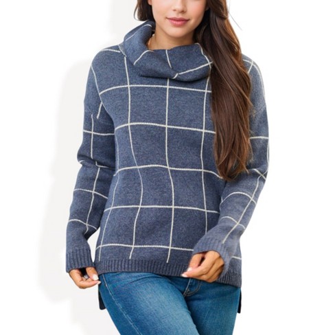 Anna-kaci Women's Windowpane Knit Sweater With Fold-over Collar And ...