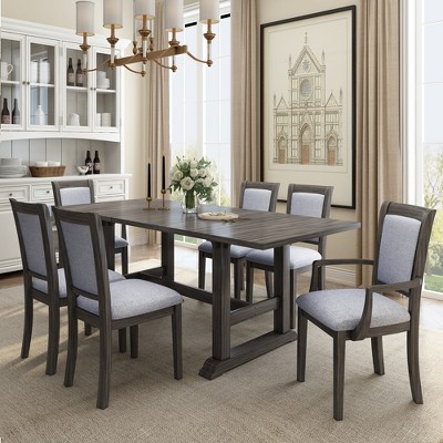 7pcs Extendable Dining Table Set With Removable Leaf, 6 Upholstered ...
