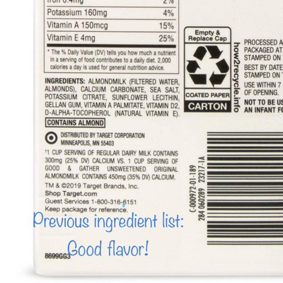 Plant Based Unsweetened Original Almond Milk - 0.5gal - Good & Gather ...