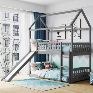Xiyuyeu Twin Over Twin Bunk Bed With Safety Guardrail And Slide,modern Noise Reduced House Loft ...
