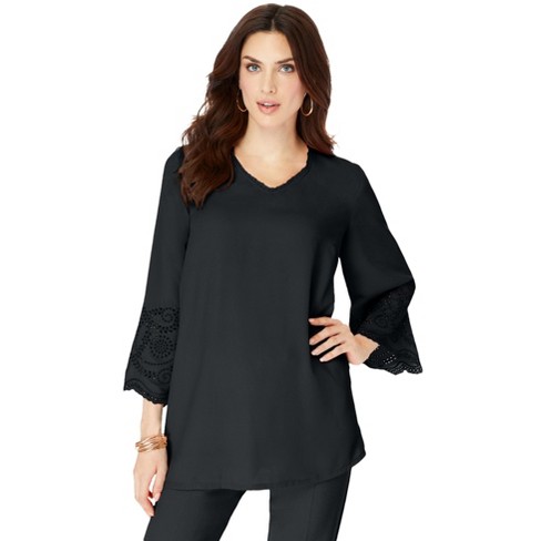 Roaman's Women's Plus Size Eyelet Georgette Tunic - 24 W, Black : Target
