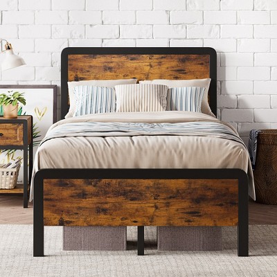Whizmax Black Twin Size Bed Frames with Wood Headboard and Footboard Heavy Duty Platform Bed Frame with Storage Round Corner Design