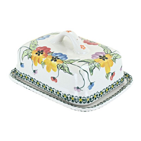 Blue Rose Polish Pottery Majestic Pansy Square Butter Dish : Target