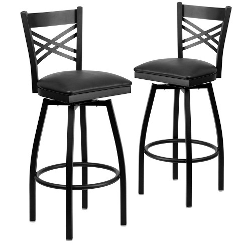 Emma and Oliver 2 Pack Black X Back Swivel Metal Barstool Black Vinyl Seat