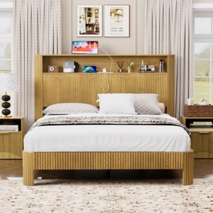Queen Size Bed Frame with Storage Headboard, USB Charging Station, Wavy ...