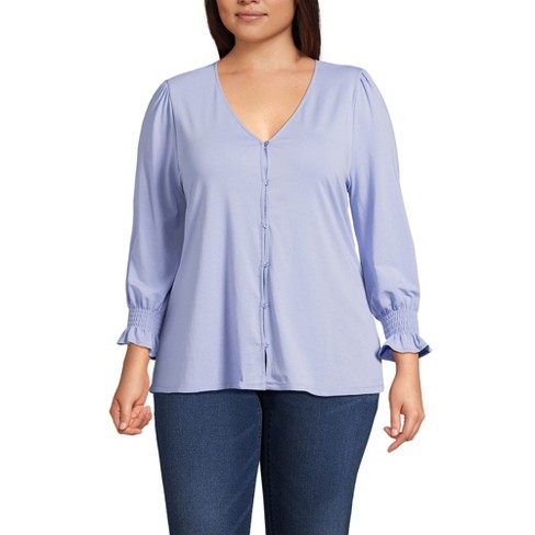 Lands' End Women's Plus Size 3/4 Sleeve Lightweight Jersey Button Front ...