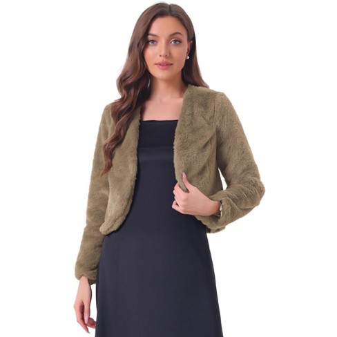 Allegra K Women's Long Sleeve Open Front Cropped Winter Faux Fur Jackets Dark Khaki Large : Target