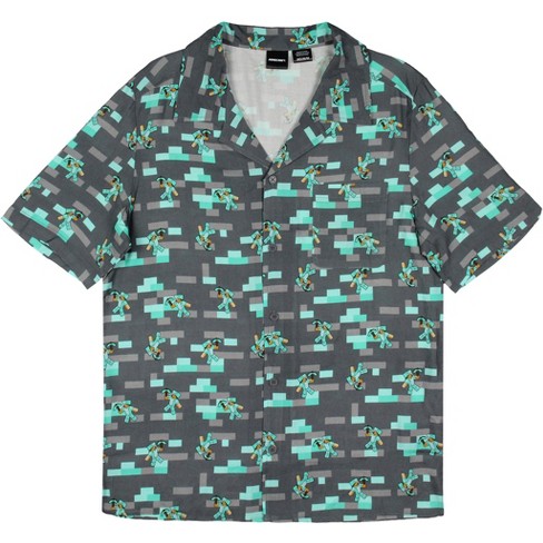 Minecraft Men's Diamond Steve Hawaiian Button Down Adult Short Sleeve ...