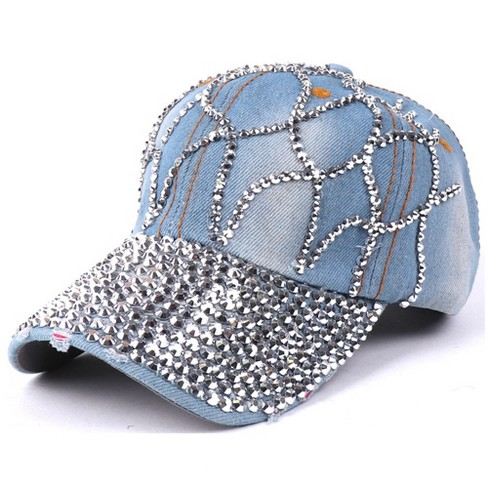 Women's Blue Casual 100% Cotton Denim Baseball Bling Studs Cap : Target