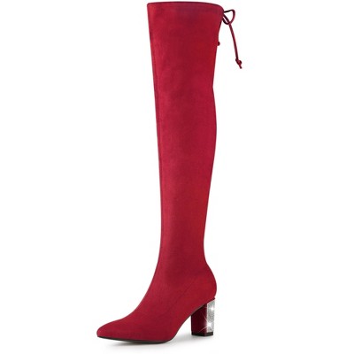 Allegra K Women's Chunky Heels Rhinestone Over the Knee High Boots Red ...