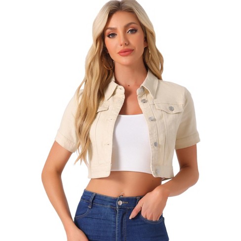 Inspire Chic Women's Casual Short Sleeves Crop Denim Jacket Apricot ...