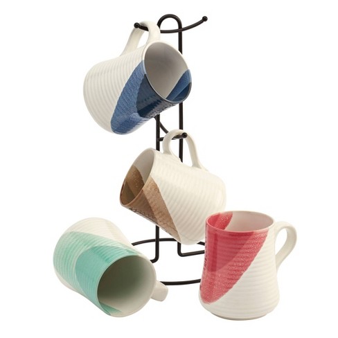 5pc Ceramic Half And Half Embossed Mugs & Metal Rack Set - Tabletops ...