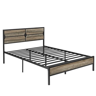Vecelo Gray Queen Size Platform Metal Bed Frame With Wooden Headboard ...