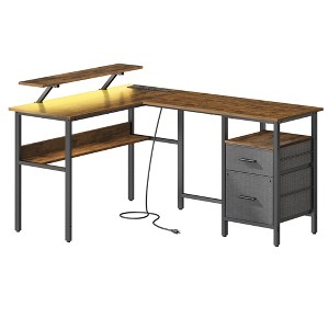 L Shaped Desk with Power Outlets Computer Desk with Monitor Stand Corner Desk Gaming Desk with LED Lights Rustic Brown