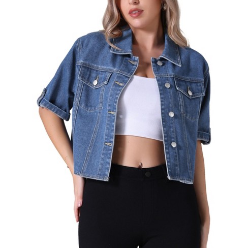 Inspire Chic Women's Turndown Collar Short Sleeve Button Denim Jacket ...