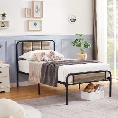 Vecelo Twin Size Bed Frame With Industrial Wooden Headboard, Gray : Target