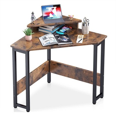 Corner computer desk with raised monitor shelf store