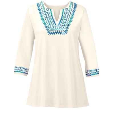 Collections Etc Multi Colored Embroidered V-neck Tunic X-large Ivory ...