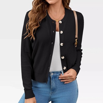 Womens Button Down Waffle Knit Cardigan Sweaters With Crew Neck Open ...