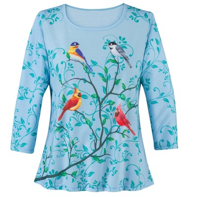 Collections Etc Colorful Backyard Birds On Branches 3/4 Sleeve Top ...