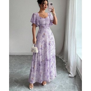Coolmee Women's Ruffles Sleeve Dresses Long V Neck Lace Formal Maxi ...